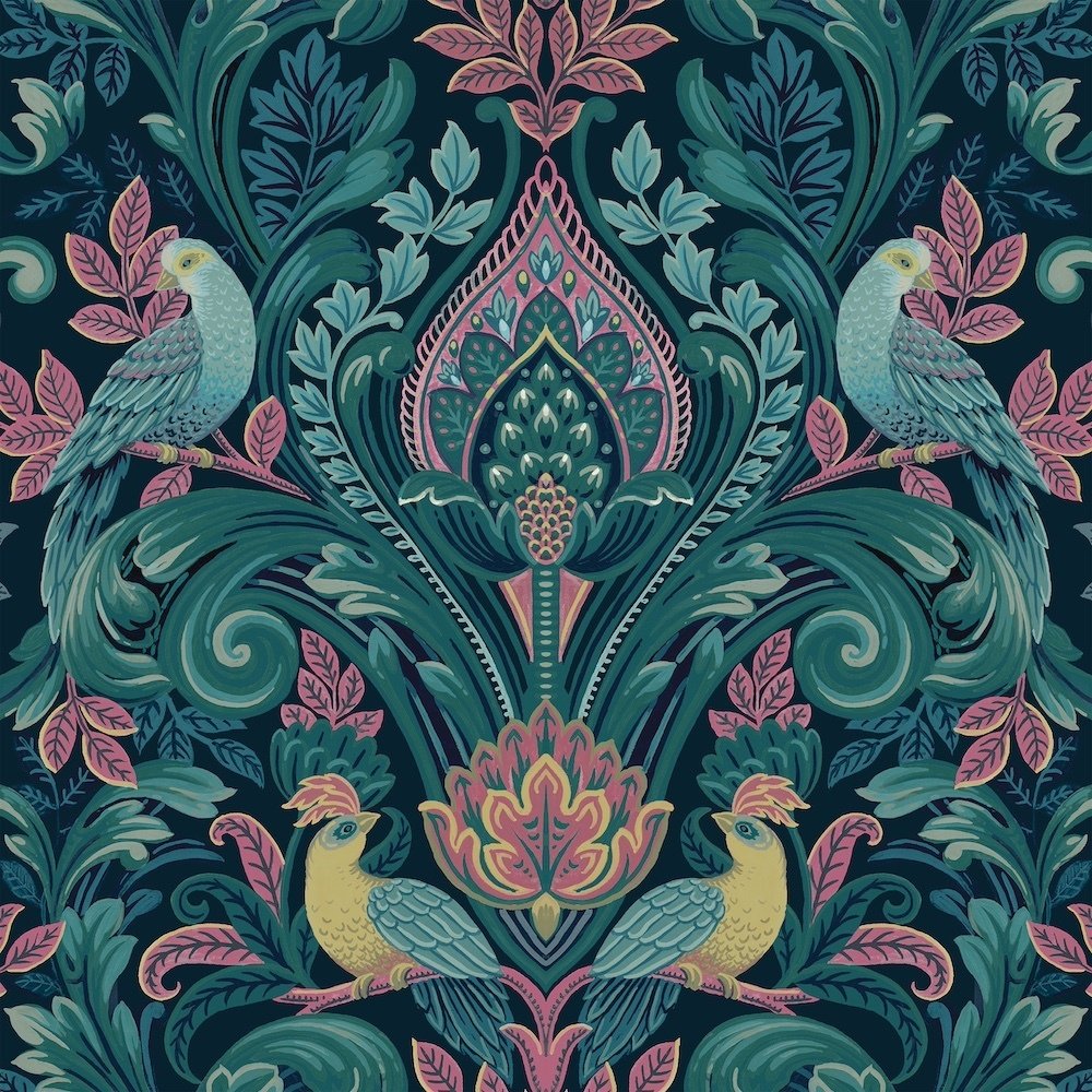 Grandeco Arcadia Opulent Damask Navy & Pink Wallpaper
