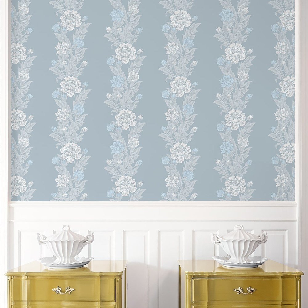 Galerie Blooming Stripe White/Blue/Beige Wallpaper